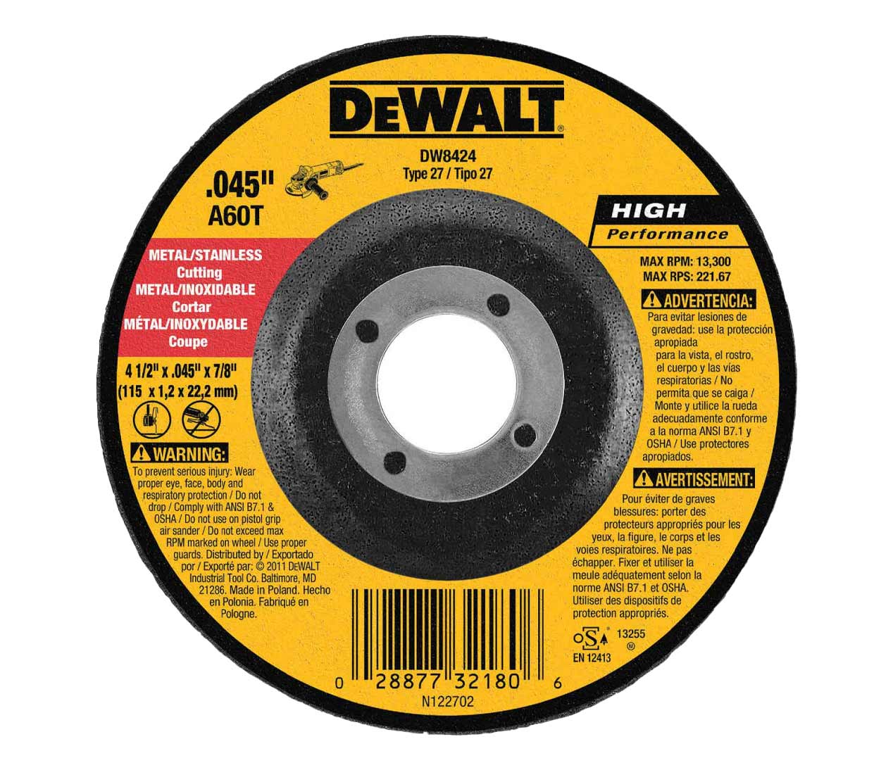 DeWalt Metal Cut Off Wheel 4-1/2x7/8 Inch 1 Each DW8424 | M&C Home Depot
