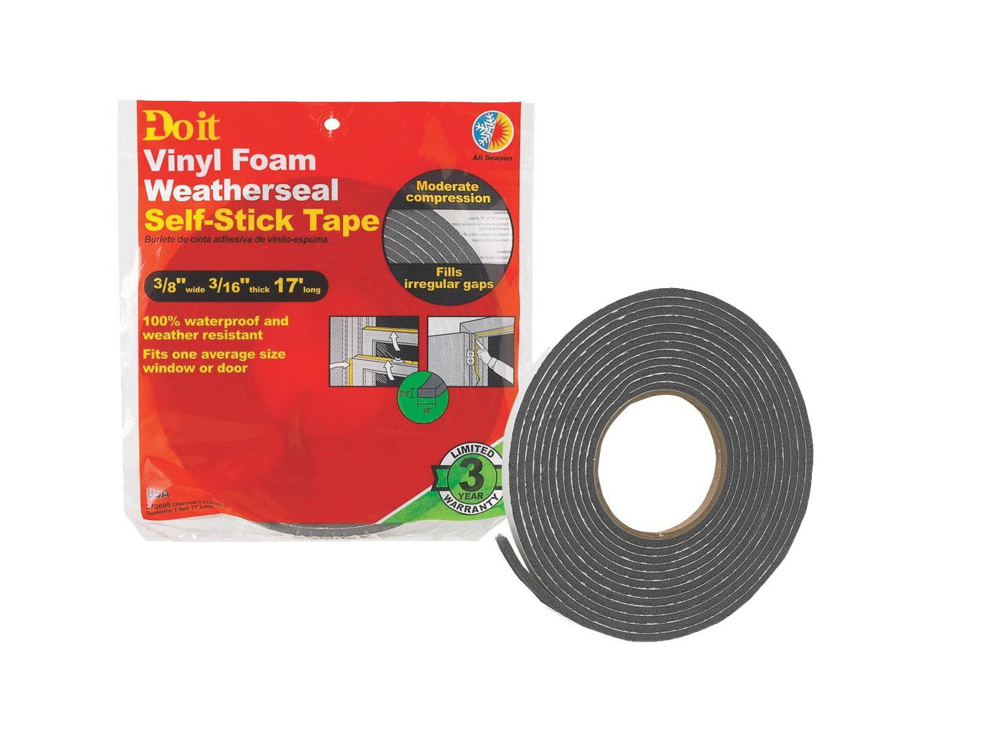 Do It Best Foam Weather Strip 3/8x3/16 Inx17 Foot Charcoal 1 Roll ...